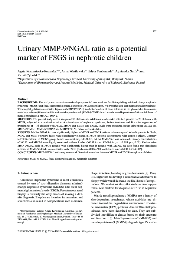 (PDF) Urinary MMP-9/NGAL Ratio as a Potential Marker of FSGS in ...