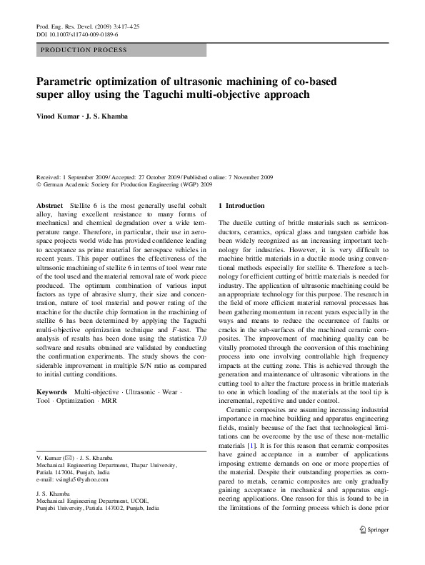 (PDF) Parametric optimization of ultrasonic machining of co-based super alloy using the Taguchi ...