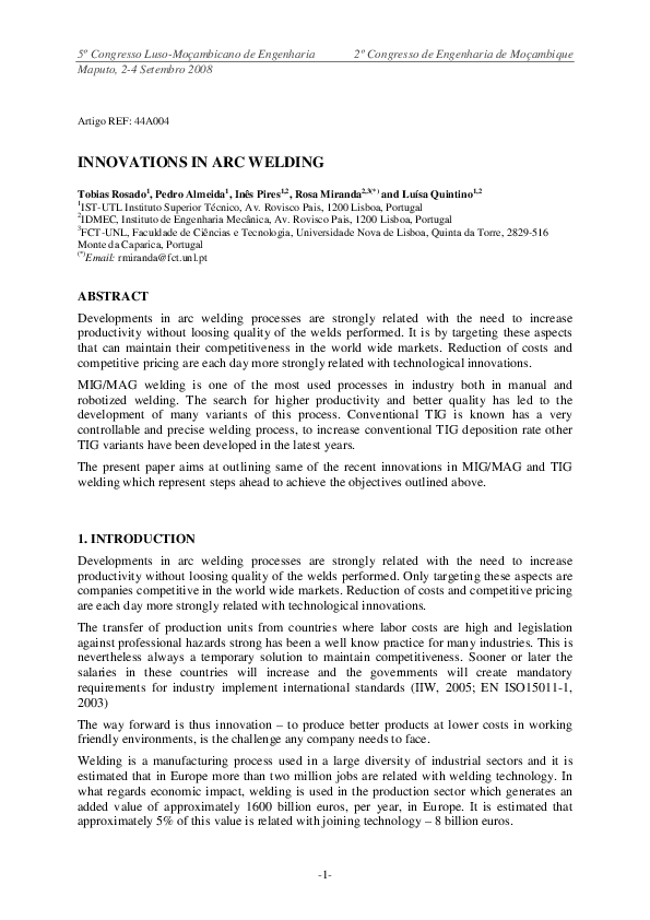 (PDF) Innovations in arc welding