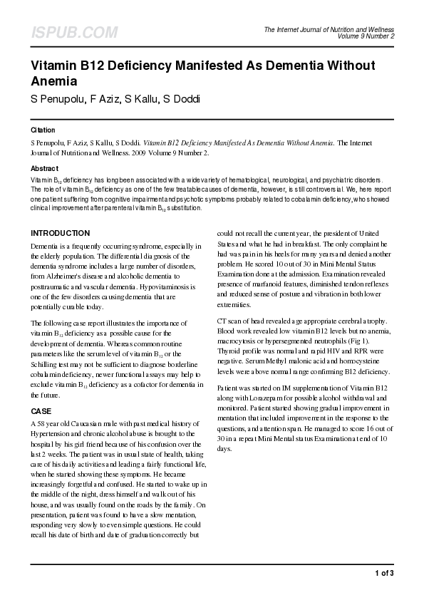 (PDF) Vitamin B12 Deficiency Manifested As Dementia Without Anemia