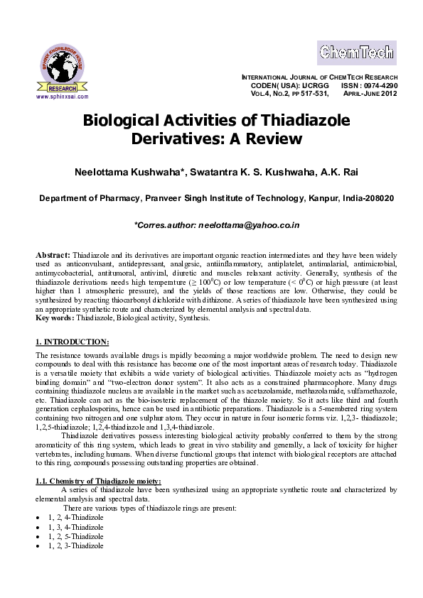 (PDF) Biological Activities of Thiadiazole Derivatives: A Review