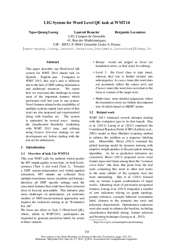 (PDF) LIG System for Word Level QE task at WMT14 | Ngọc Ánh Lương - Academia.edu