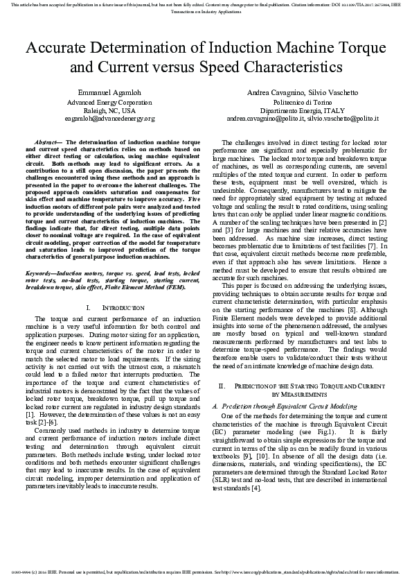 Pdf Accurate Determination Of Induction Machine Torque And Current Versus Speed Characteristics