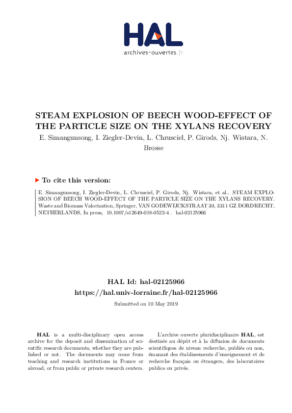 (PDF) Steam‐explosion pretreatment of wood: Effect of chip size, acid ...