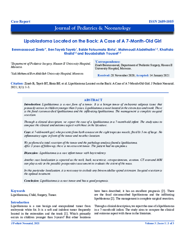 (PDF) Lipoblastoma Located on the Back: A Case of A 7-Month-Old Girl