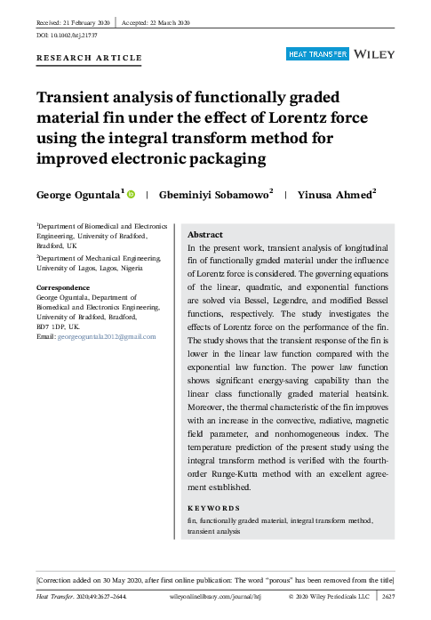 (PDF) Transient analysis of functionally graded material fin under the ...