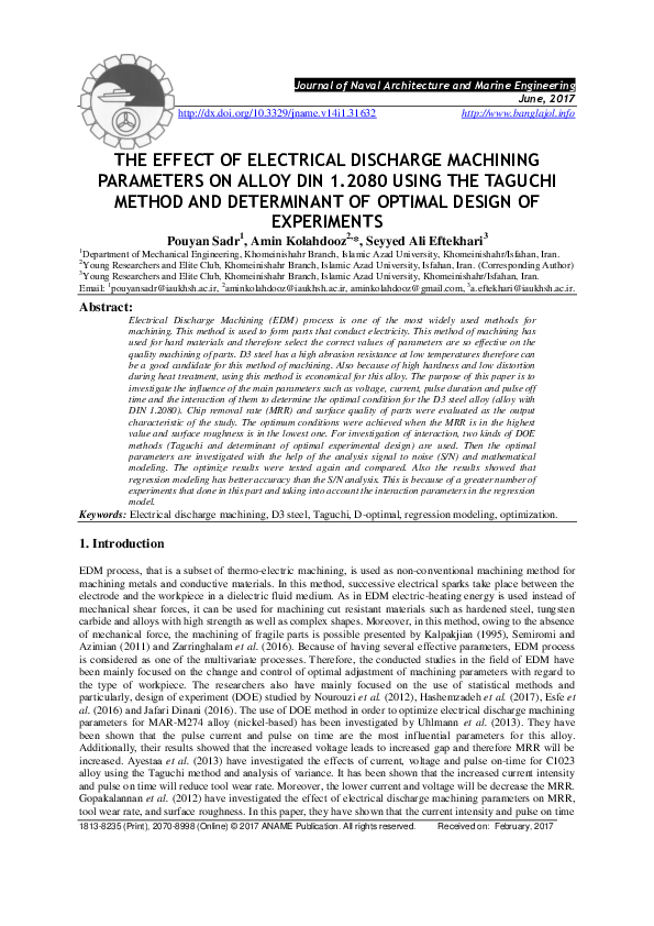 (PDF) THE EFFECT OF ELECTRICAL DISCHARGE MACHINING PARAMETERS ON ALLOY DIN 1.2080 USING THE ...