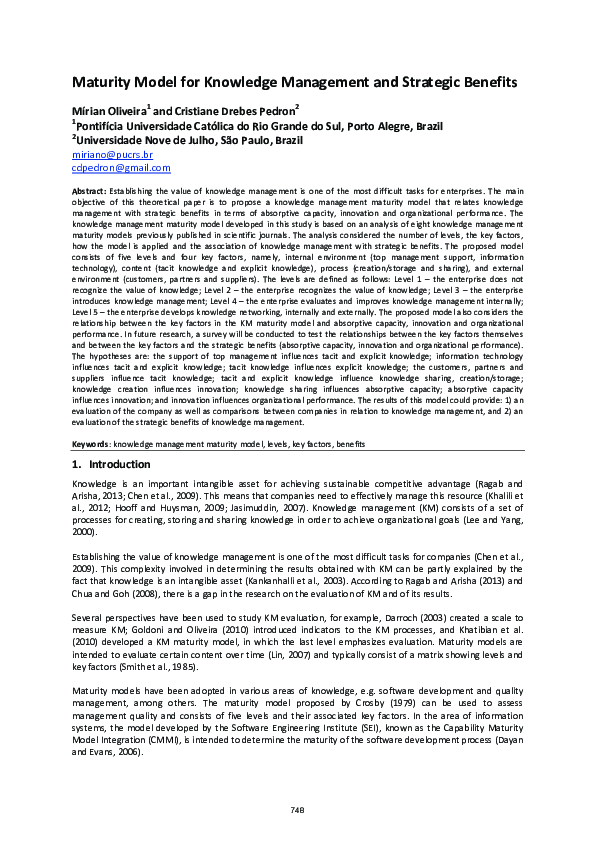 (PDF) Maturity Model for Knowledge Management and Strategic Benefits