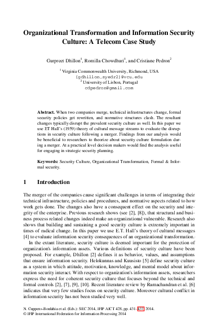 (PDF) Organizational Transformation and Information Security Culture: A Telecom Case Study
