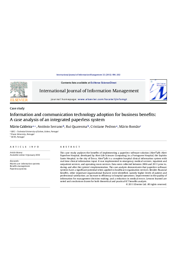 (PDF) Information and communication technology adoption for business benefits: A case analysis ...