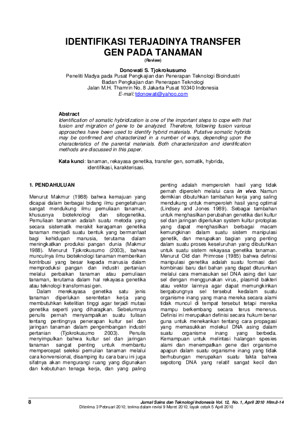 (PDF) IDENTIFIKASI TERJADINYA TRANSFER GEN PADA TANAMAN (Review
