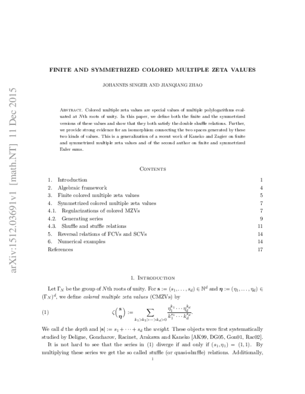 (PDF) Finite and symmetrized colored multiple zeta values