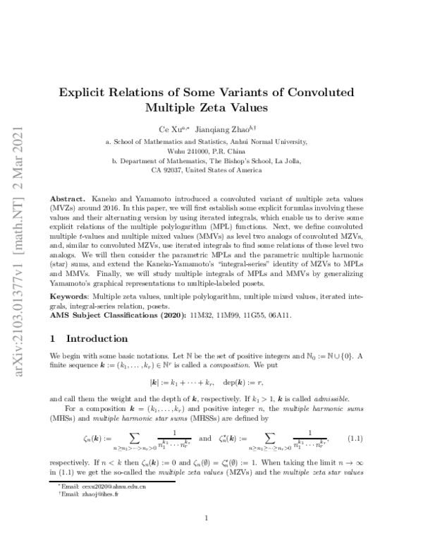 (PDF) Explicit Relations of Some Variants of Convoluted Multiple Zeta Values