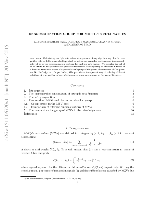 (PDF) Renormalisation group for multiple zeta values (PDF) Renormalisation group for multiple zeta values