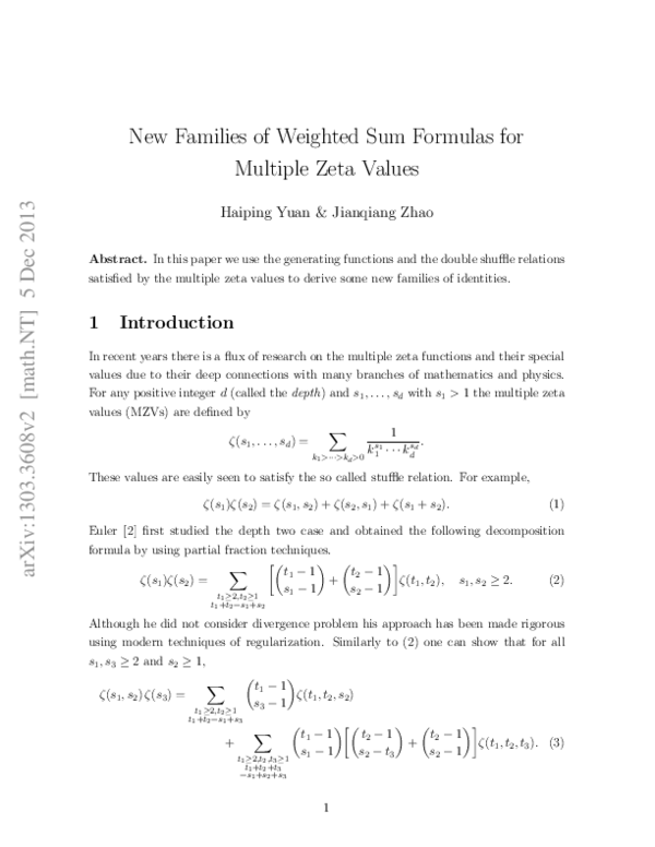 Pdf New Families Of Weighted Sum Formulas For Multiple Zeta Values Jianqiang Zhao