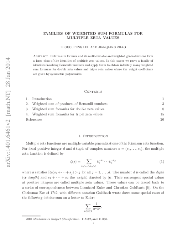 Pdf Families Of Weighted Sum Formulas For Multiple Zeta Values