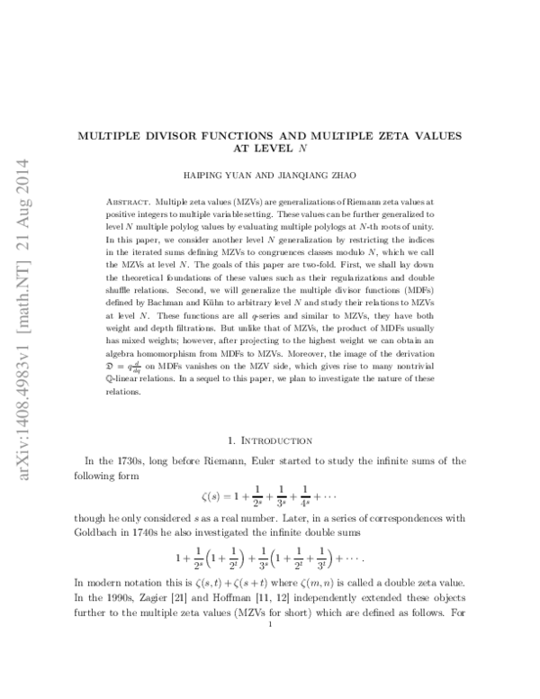 (PDF) Multiple Divisor Functions and Multiple Zeta Values at Levle N