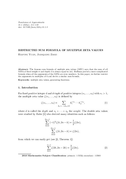 (PDF) Weighted Sums of Euler Sums and Other Variants of Multiple Zeta Values | Aarav Chandra ...