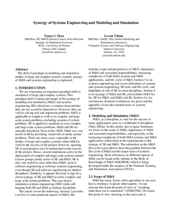 (PDF) Synergy of systems engineering and modeling and simulation