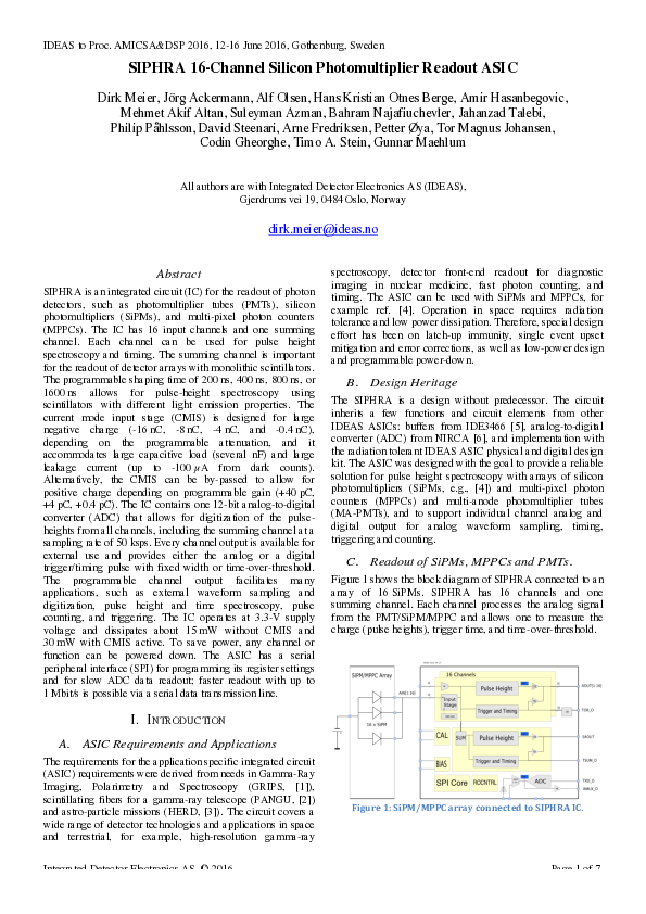 (PDF) SIPHRA 16-Channel Silicon Photomultiplier Readout ASIC
