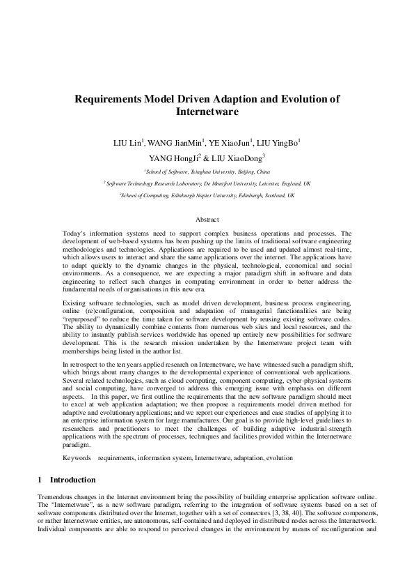 (PDF) Requirements model driven adaption and evolution of Internetware