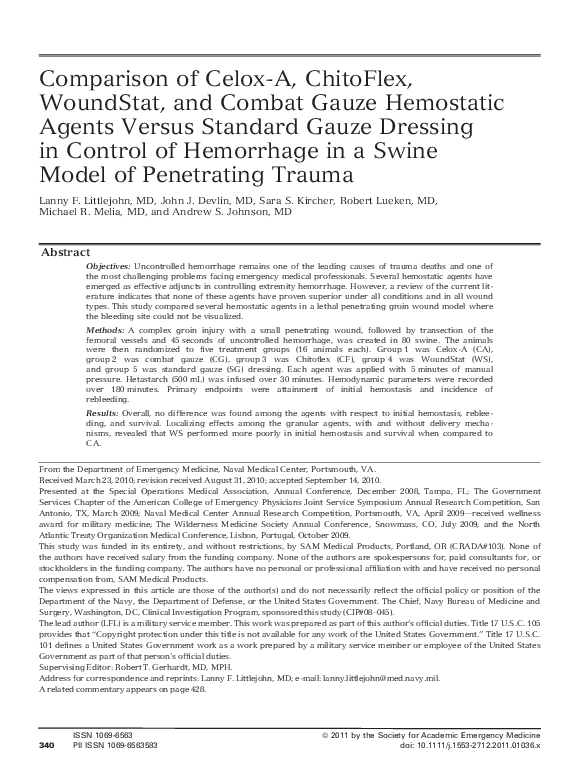 (PDF) Comparison of Celox-A, ChitoFlex, WoundStat, and Combat Gauze ...