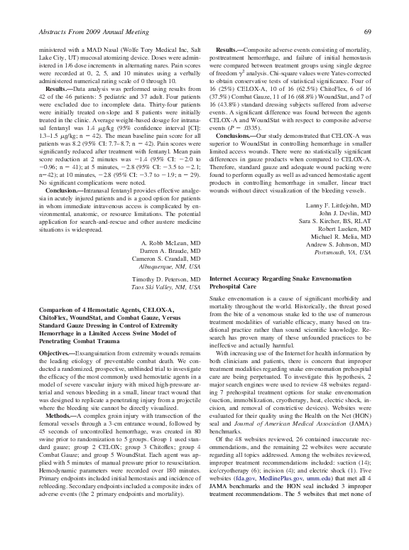 (PDF) Comparison of 4 Hemostatic Agents, CELOX-A, ChitoFlex, WoundStat ...