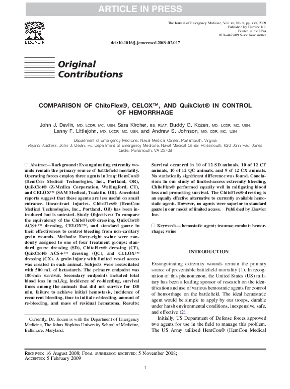(PDF) Comparison of ChitoFlex®, CELOX™, and QuikClot® in Control of ...