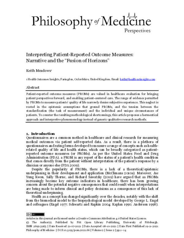 (PDF) Interpreting Patient-Reported Outcome Measures: Narrative and the ...