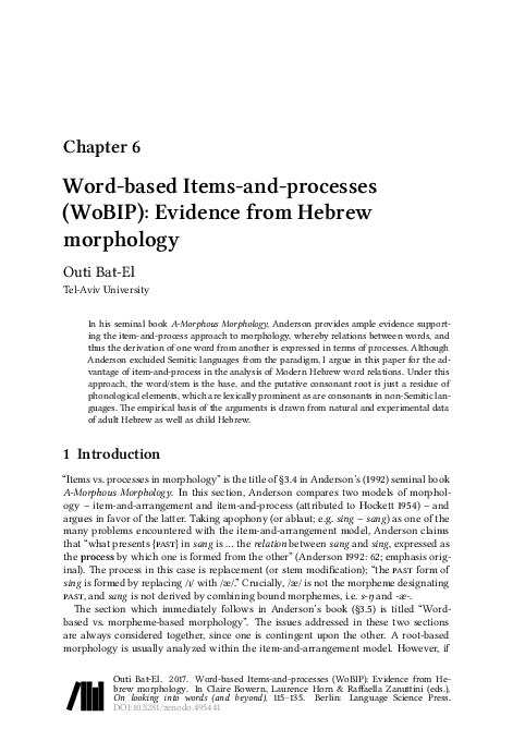 (PDF) Chapter 6 Word-based Items-and-processes ( WoBIP ) : Evidence from Hebrew morphology