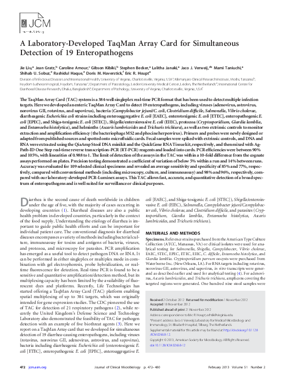 (PDF) A Laboratory-Developed TaqMan Array Card for Simultaneous Detection of 19 Enteropathogens