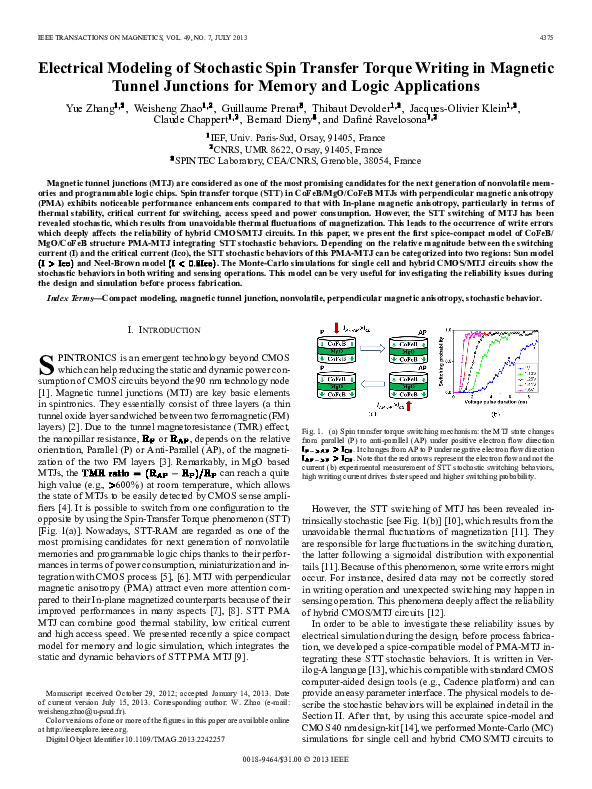 (PDF) Electrical Modeling of Stochastic Spin Transfer Torque Writing in Magnetic Tunnel ...