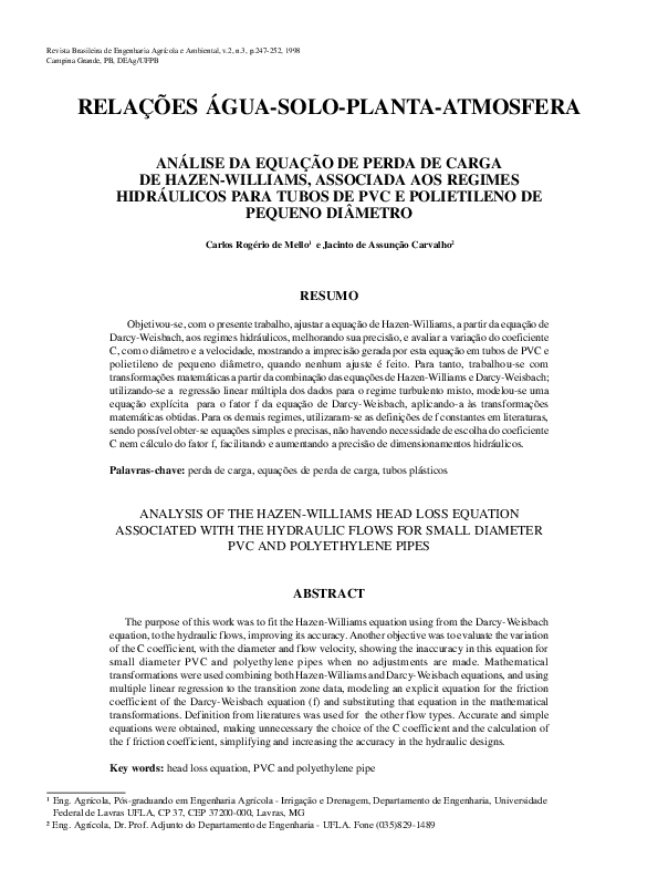 (PDF) Análise Da Equação De Perda De Carga De Hazen-Williams, Associada ...
