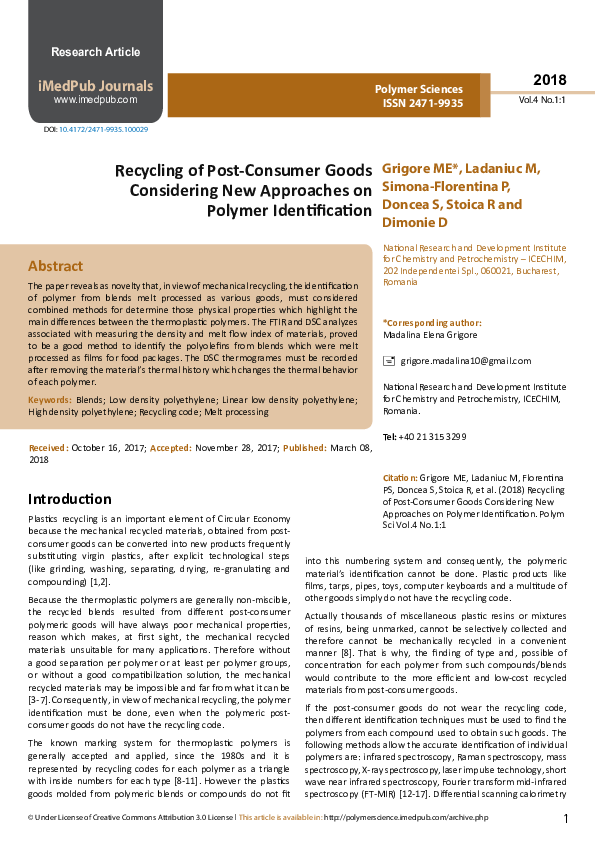 (PDF) Recycling of Post-Consumer Goods Considering New Approaches on Polymer Identification
