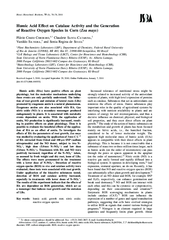 (PDF) Humic Acid Effect on Catalase Activity and the Generation of ...