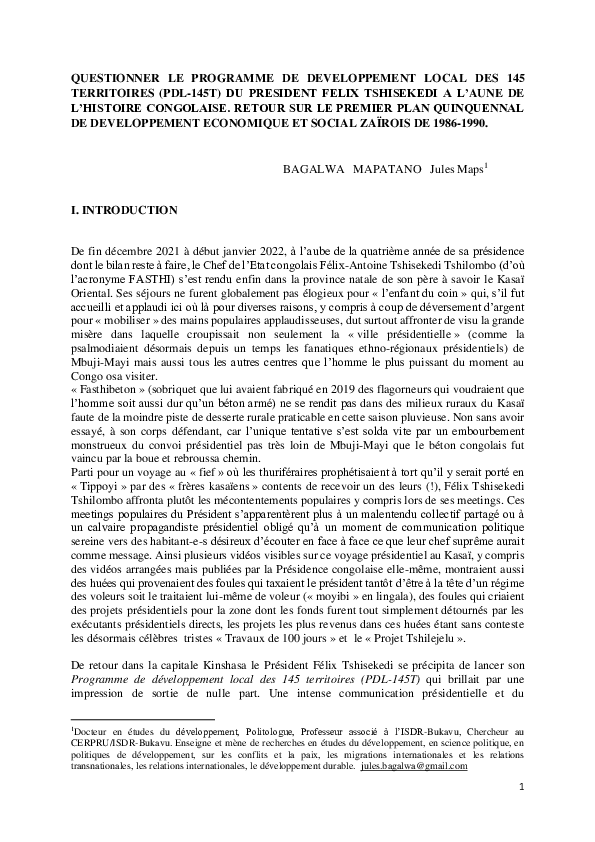 (PDF) QUESTIONNER LE PROGRAMME DE DEVELOPPEMENT DES TERRITOIRES DU PRESIDENT FELIX TSHISEKEDI