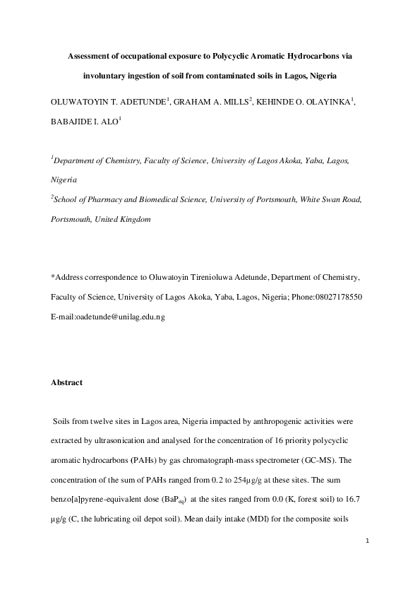 (PDF) Assessment of occupational exposure to polycyclic aromatic hydrocarbons via involuntary ...