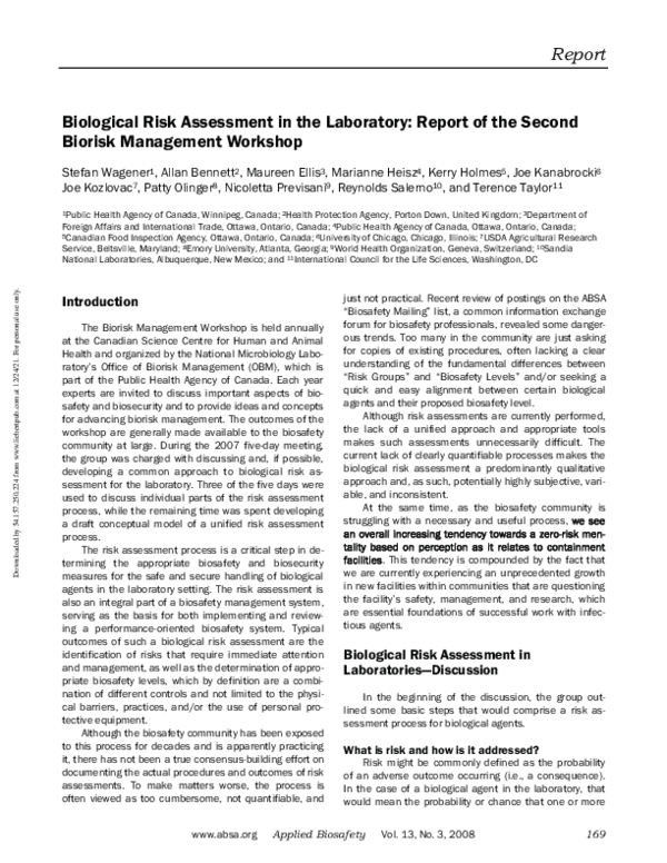 (PDF) Biological Risk Assessment in the Laboratory: Report of the ...