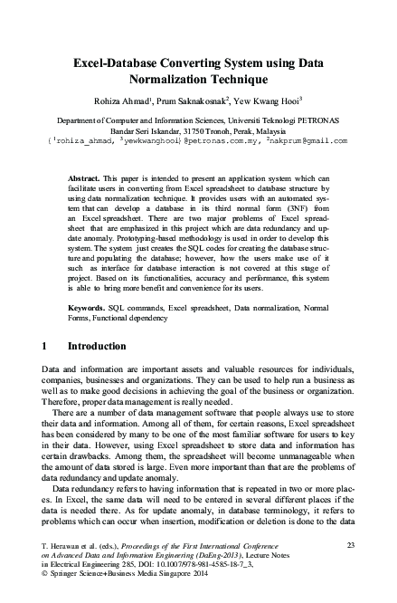 Pdf Excel Database Converting System Using Data Normalization Technique