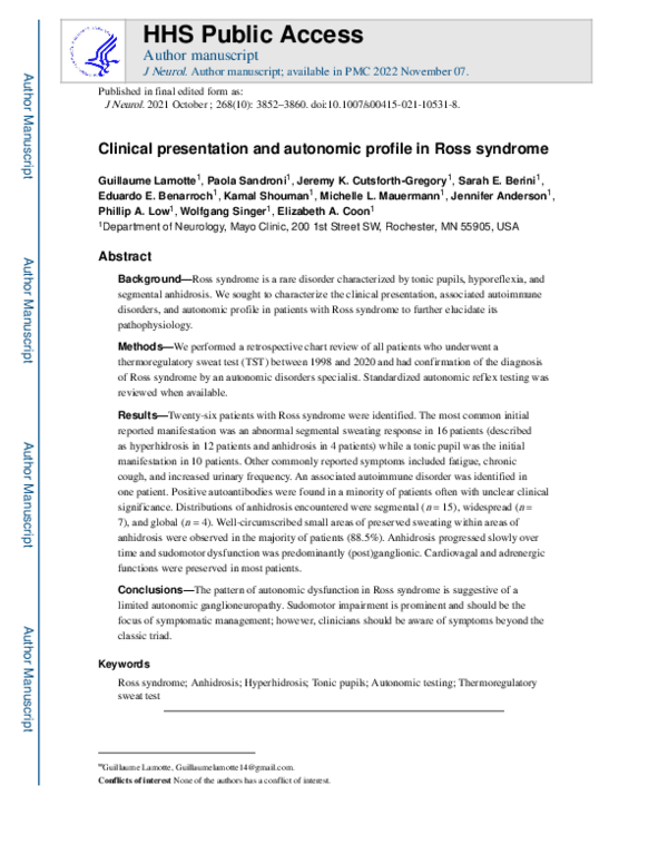 (PDF) Clinical presentation and autonomic profile in Ross syndrome