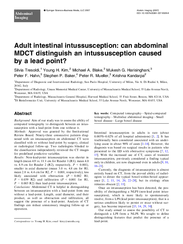 (PDF) Adult intestinal intussusception: can abdominal MDCT distinguish ...