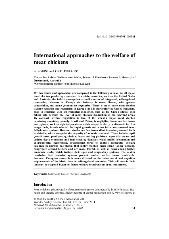 (PDF) International approaches to the welfare of meat chickens