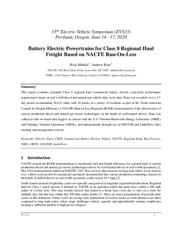 (PDF) Battery Electric Powertrains for Class 8 Regional Haul Freight ...
