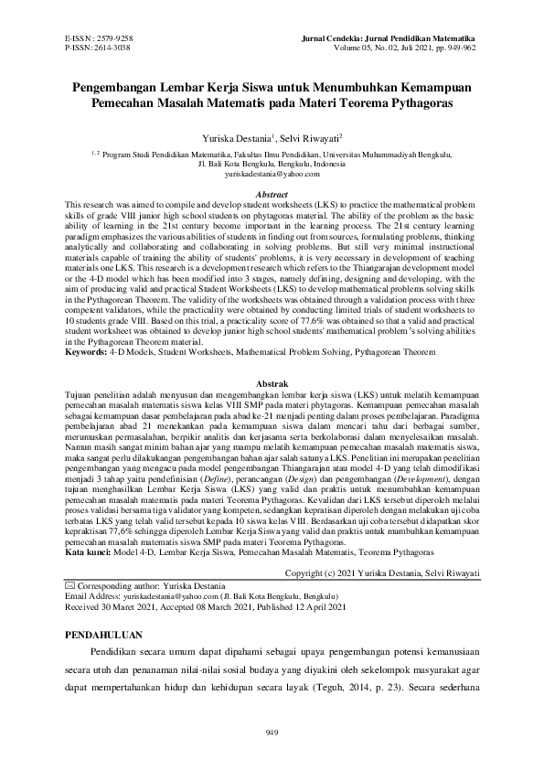 (PDF) Pengembangan Lembar Kerja Siswa untuk Menumbuhkan Kemampuan Pemecahan Masalah Matematis ...