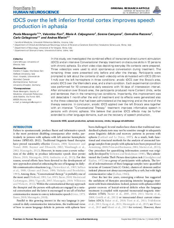 (PDF) tDCS over the left inferior frontal cortex improves speech ...
