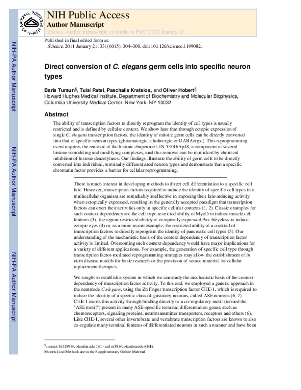 (PDF) Direct Conversion of C. elegans Germ Cells into Specific Neuron Types