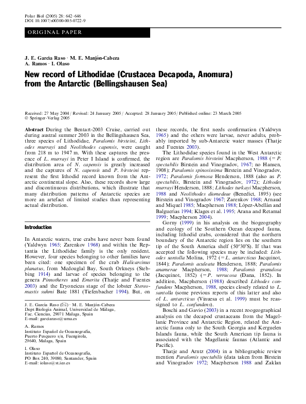 (PDF) New record of Lithodidae (Crustacea Decapoda, Anomura) from the ...