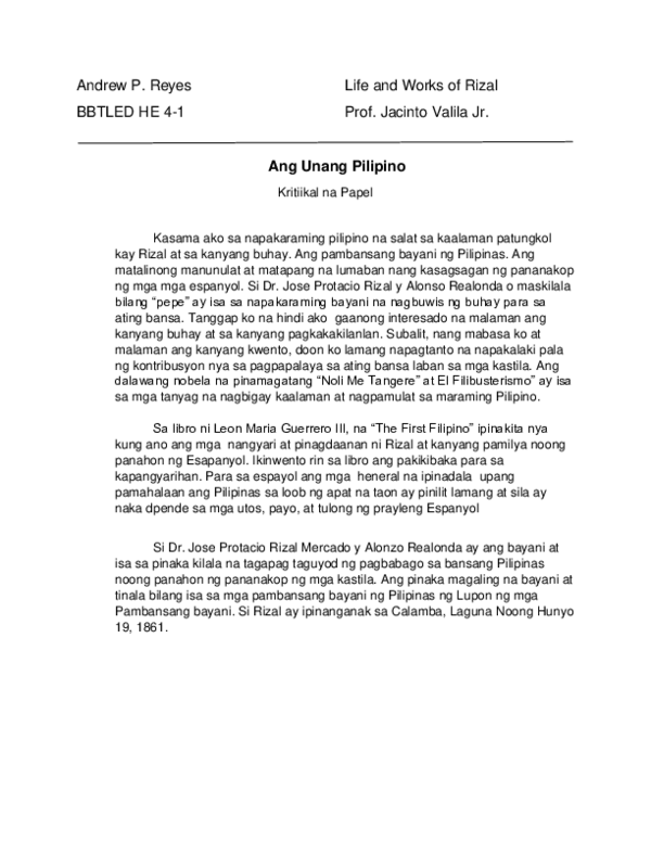 (PDF) Critique Paper "The First Filipino" by Leon Ma. Guerrero