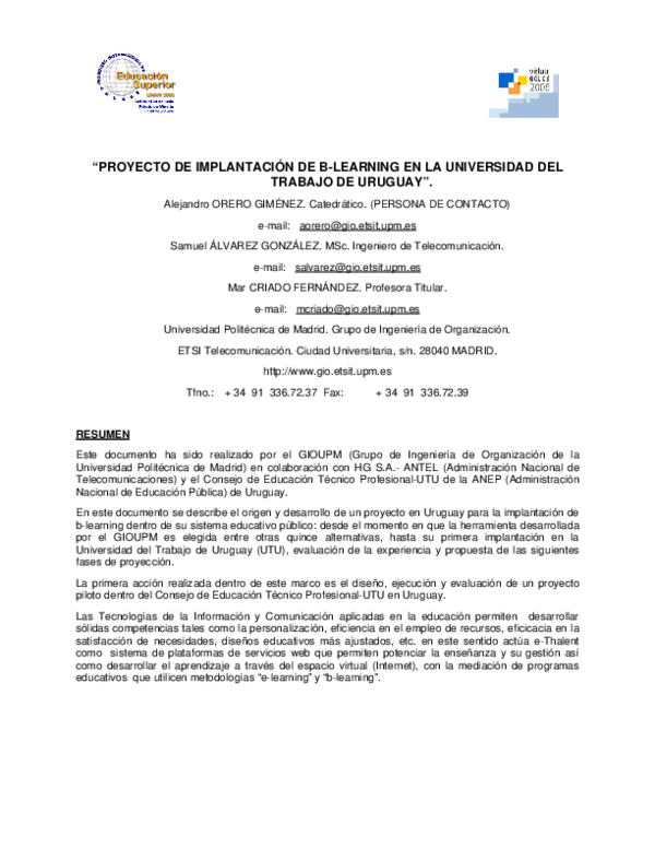 (PDF) Proyecto de implantación de B-Learning en la Universidad del Trabajo de Uruguay