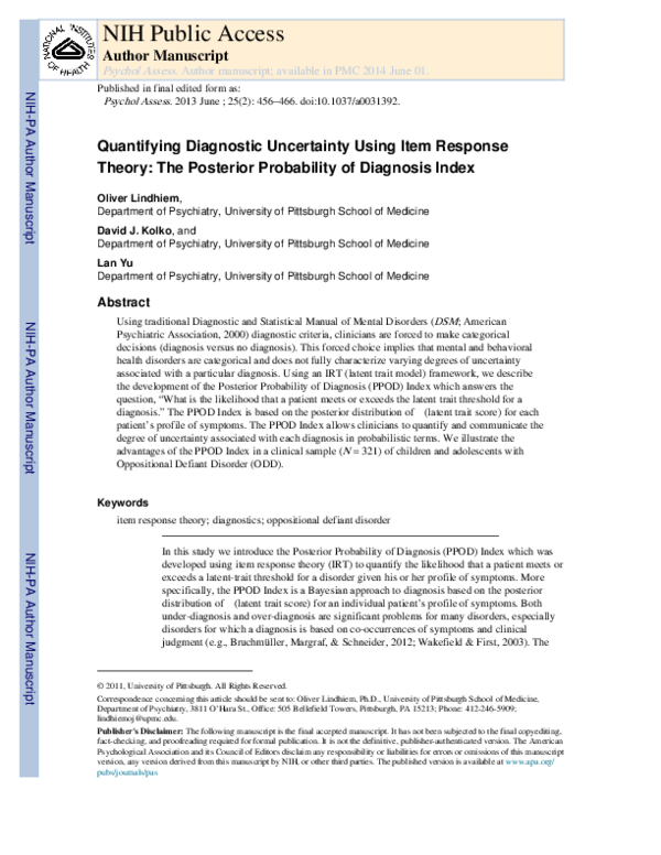 (PDF) Quantifying diagnostic uncertainty using item response theory: The Posterior Probability ...